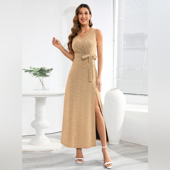 boutique | Dresses | Sand Slit Surplice Tie Waist Sleeveless Dress ...